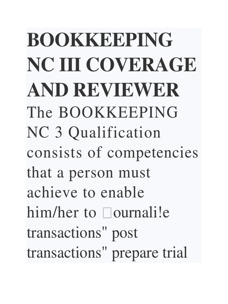 Bookkeeping NC Iii Coverage and Reviewer | PDF | Bookkeeping | Business ...