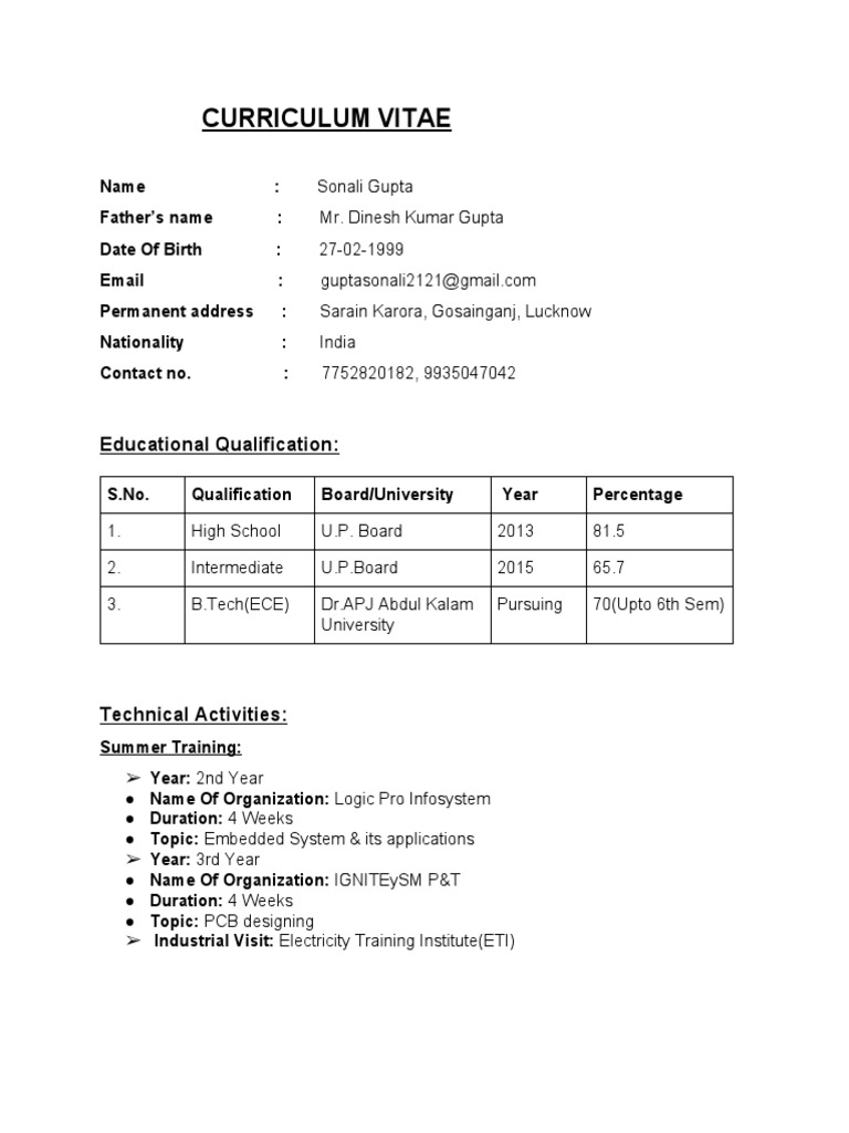 Curriculum Vitae: Educational Qualification | PDF
