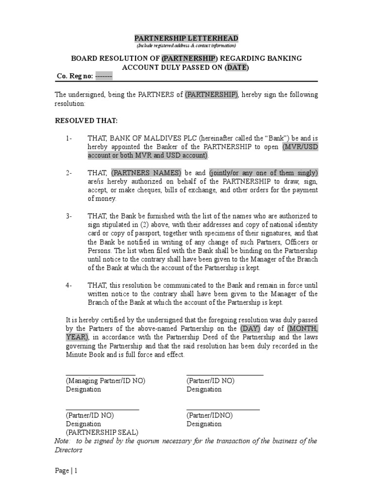 Partnership Board Resolution for Bank Account | PDF | Identity Document ...
