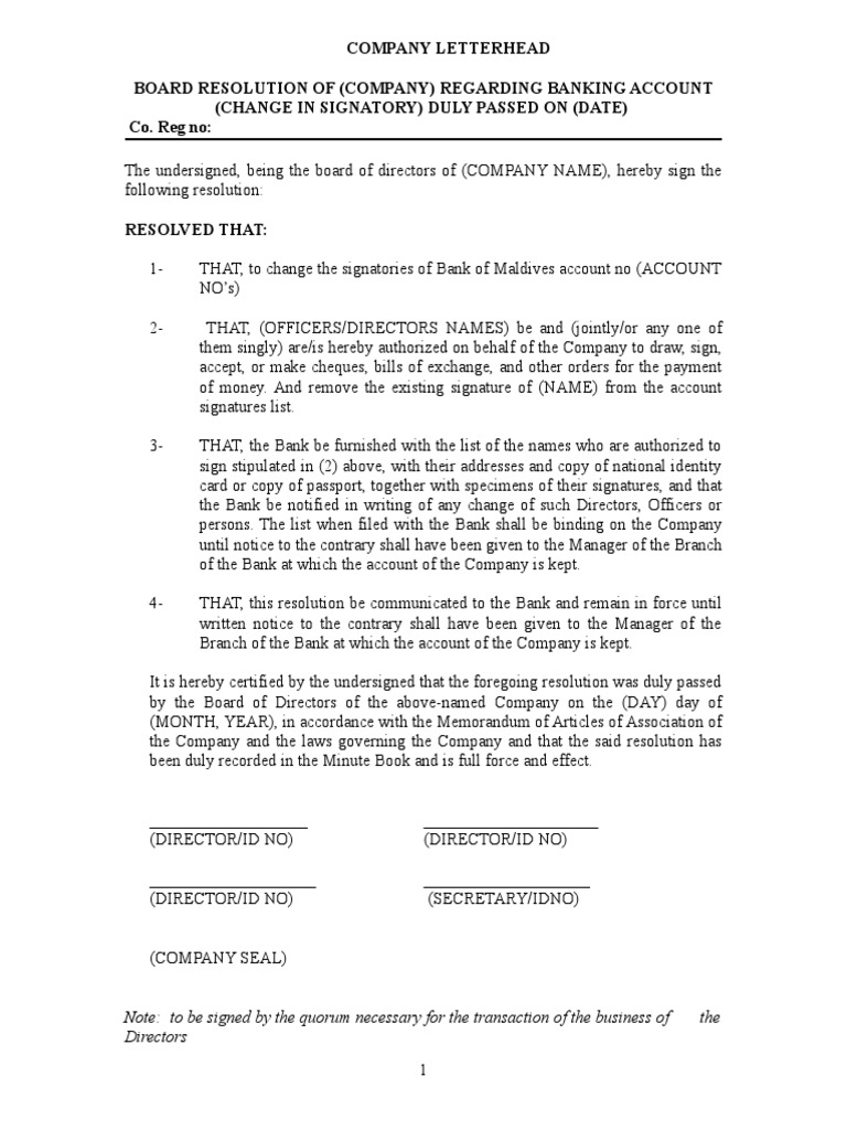 BoardResolution Signature Change | PDF | Board Of Directors | Banks