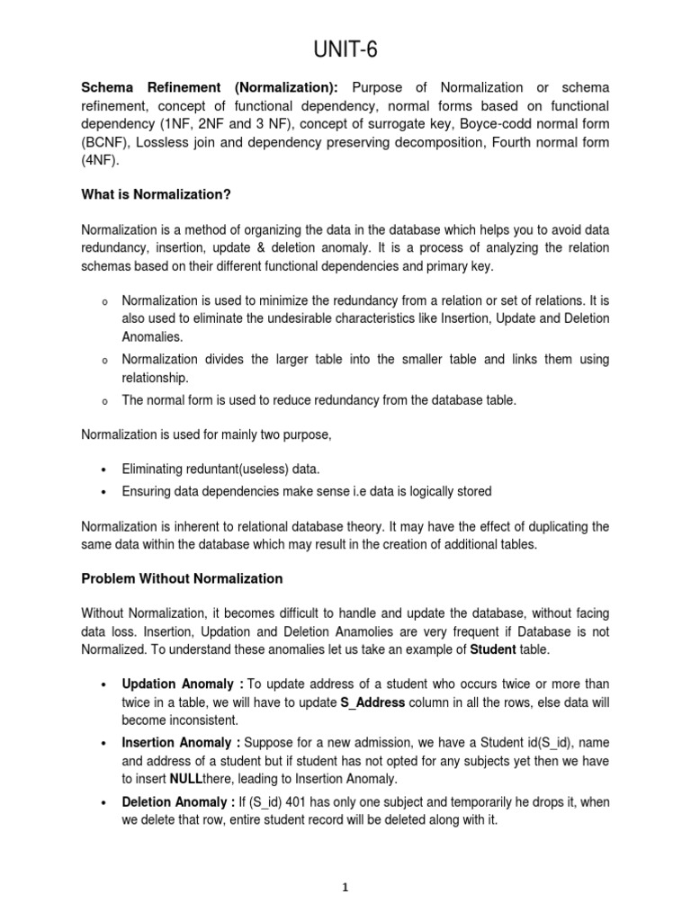 UNIT-6: Schema Refinement (Normalization) | PDF | Databases | Software Design