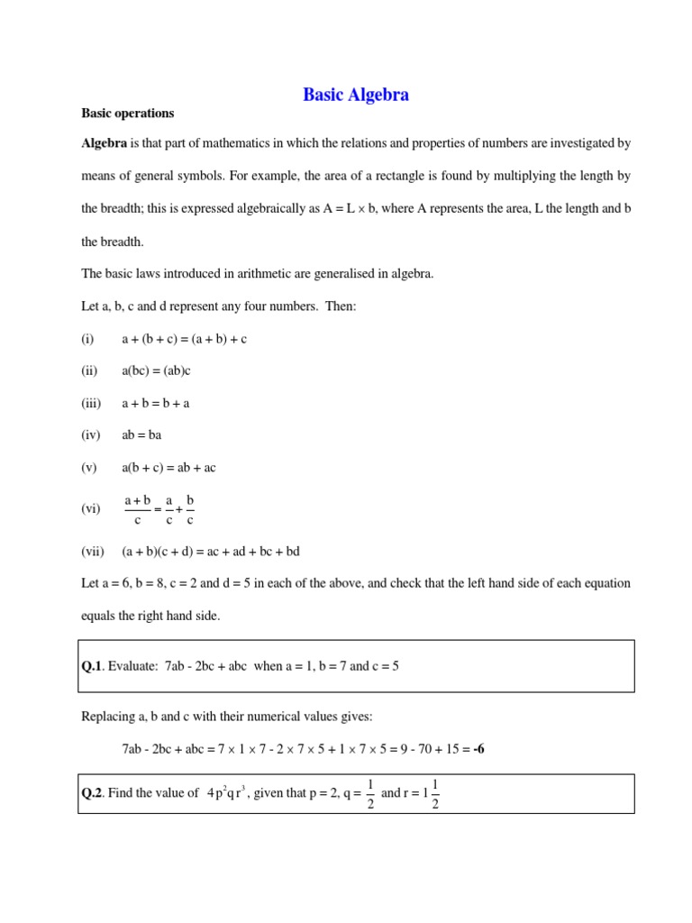 Basic Algebra | PDF | Multiplication | Algebra