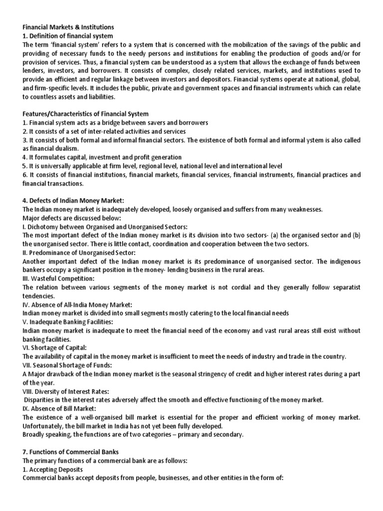 Financial Markets & Institutions 1. Definition of Financial System ...