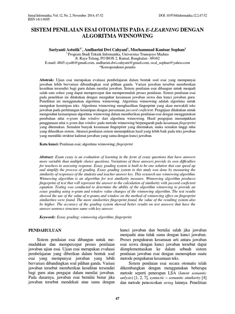 Sistem Penilaian Esai Otomatis Pada E-Learning Dengan Algoritma Winnowing | PDF