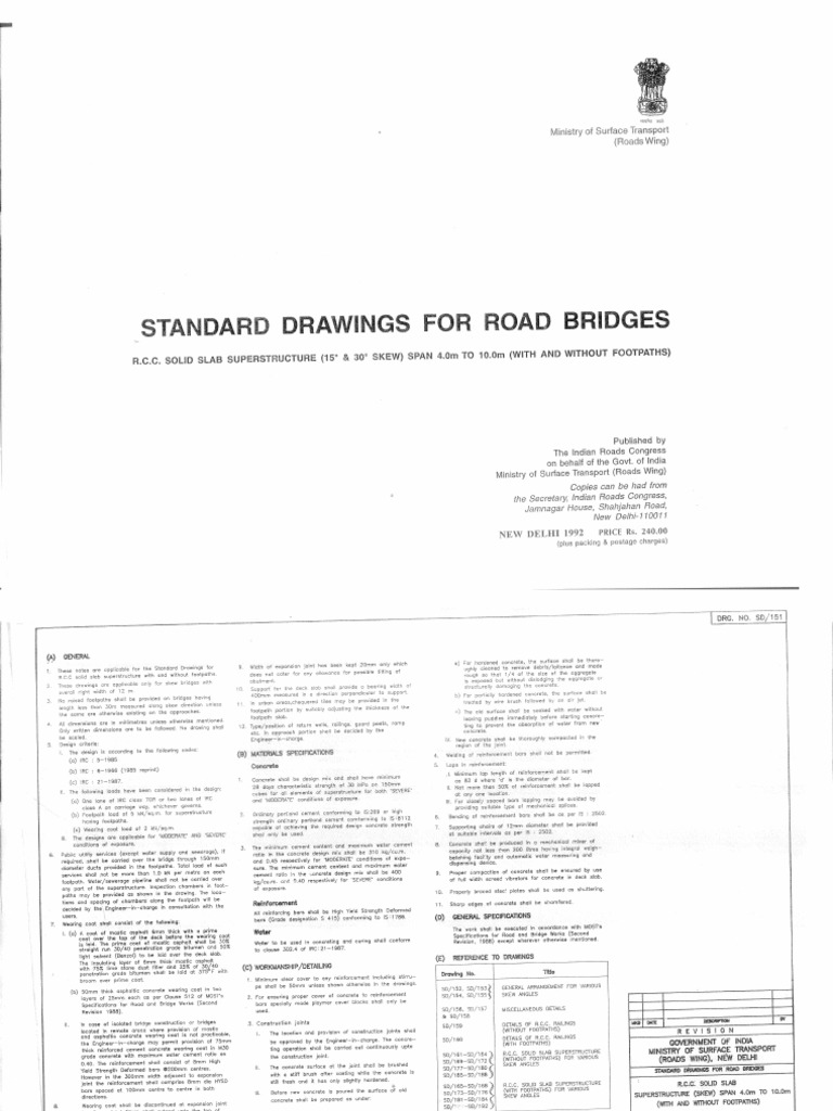 STD Drgs For Road Bridges - R.C.C Solid Slab Superstructure (15° & 30° SKEW) Span 4.0 M To 10.0 ...