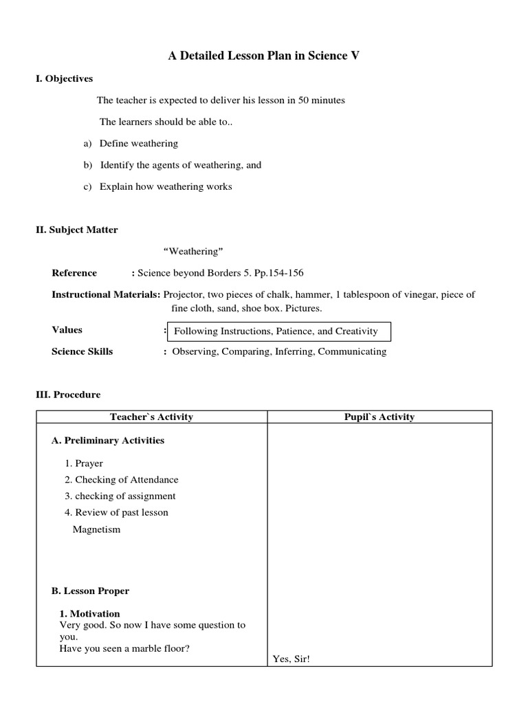 Lesson Plan Science V | PDF | Weathering | Rock (Geology)