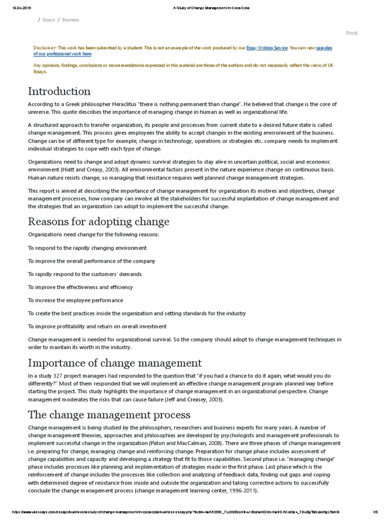 A Study of Change Managemen | PDF | Change Management | Coca Cola