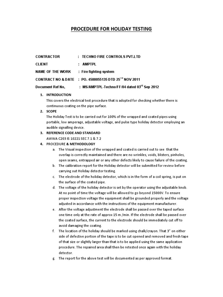 Procedure For Holiday Testing PDF | PDF | Electricity | Manufactured Goods