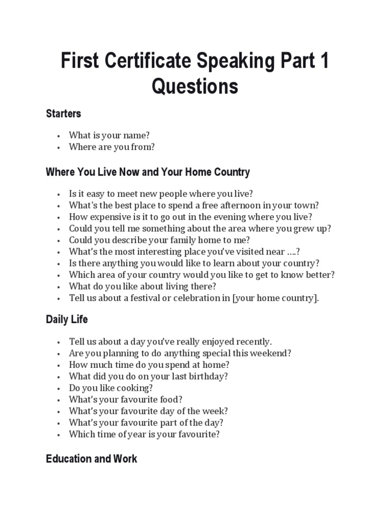 First Certificate Speaking Part 1 Questions | PDF | Sports