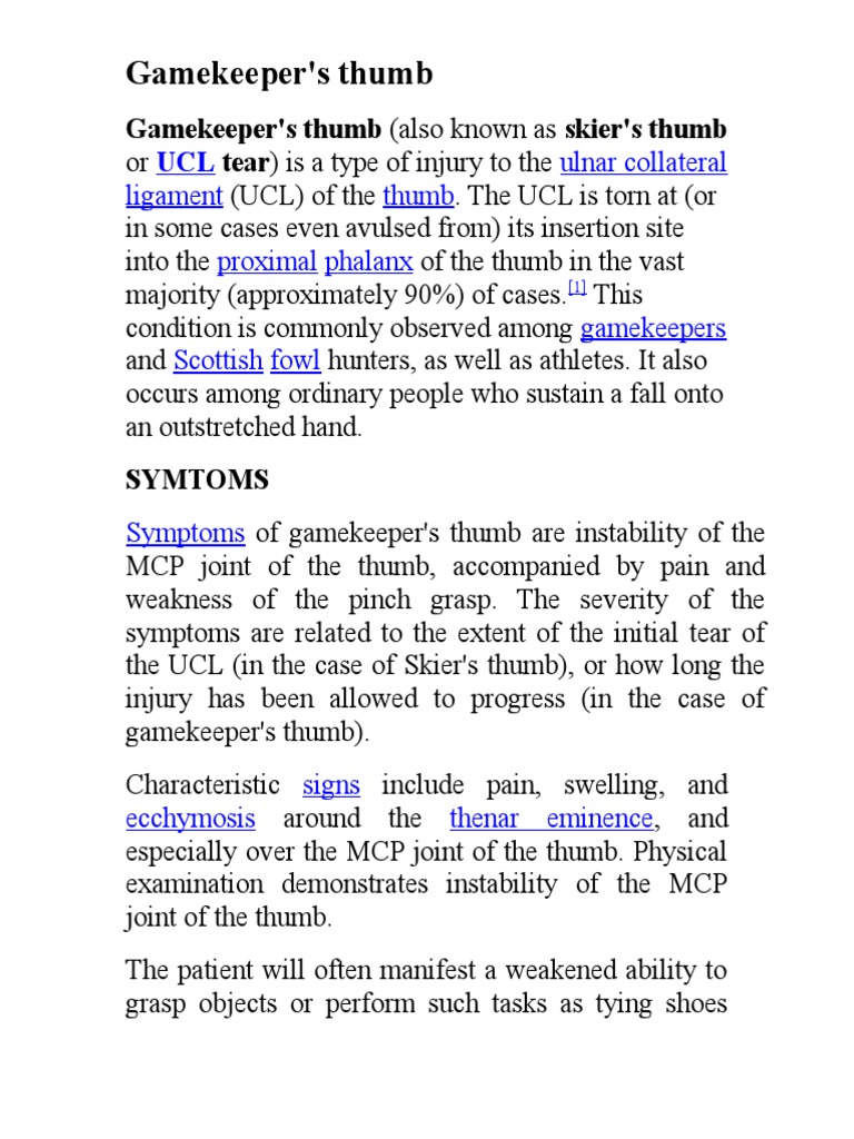 Gamekeeper's Thumb: Ulnar Collateral Ligament Thumb Proximal Phalanx ...