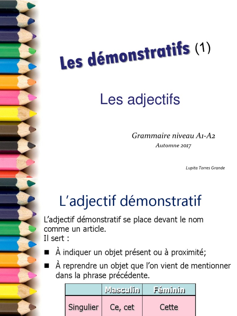 Les Adjectifs Demonstratif S 1 | PDF | Genre grammatical | Nombre ...