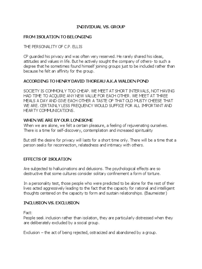 Individual vs. Group From Isolation To Belonging | PDF | Identity ...