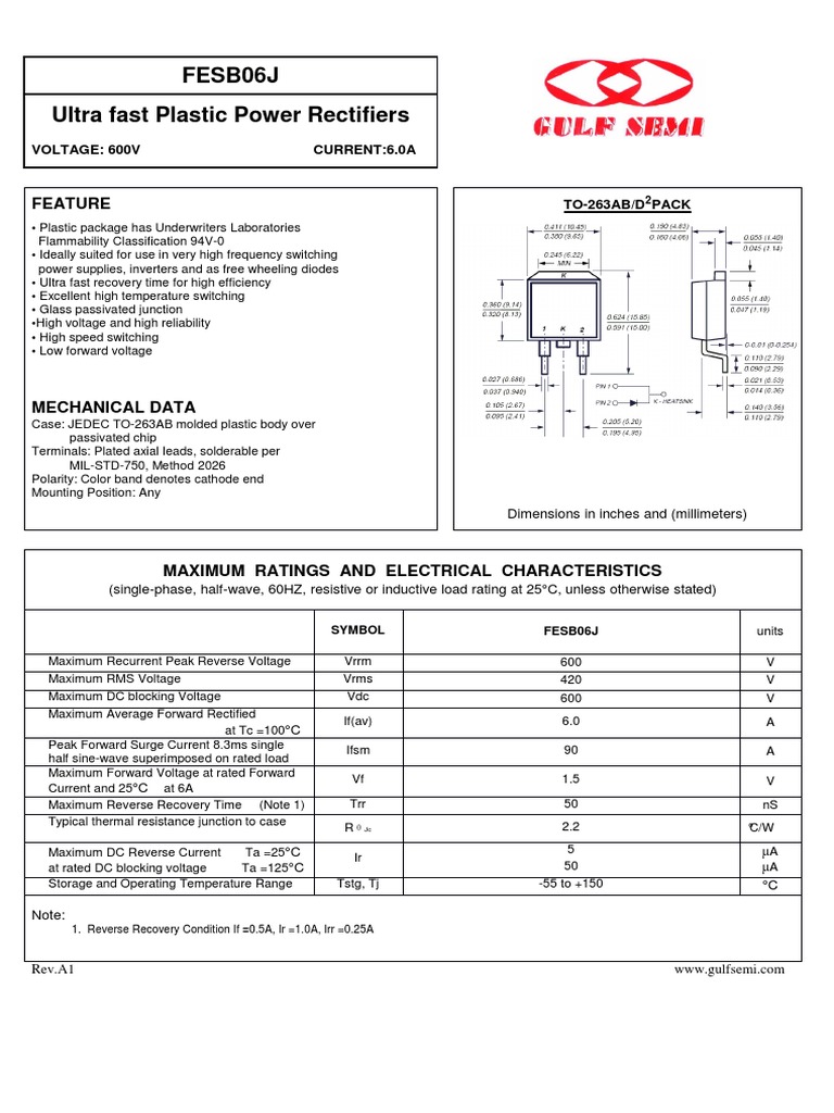 Fesb06J Ultra Fast Plastic Power Rectifiers: Feature | Download Free PDF | Rectifier | Power ...