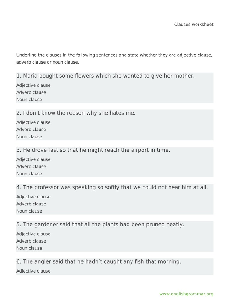 Clauses Worksheet | PDF | Adjective | Adverb