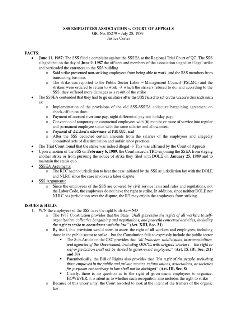 Sss Employees Association V CA | PDF | Strike Action | Civil Service
