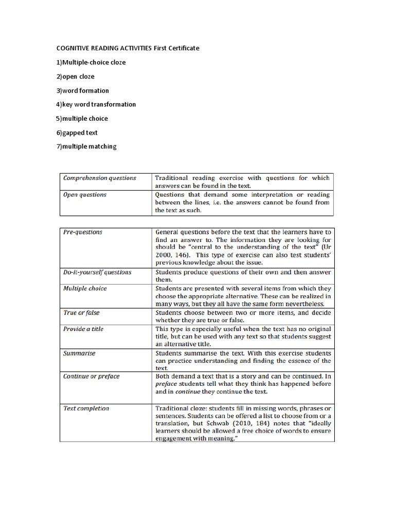 Cognitive Reading Activities First Certificate | PDF | Career & Growth ...