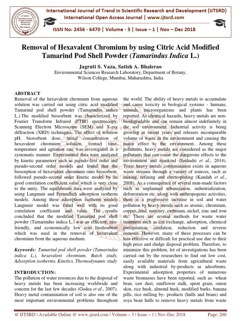 Removal of Hexavalent Chromium by Using Citric Acid Modified Tamarind Pod Shell Powder ...
