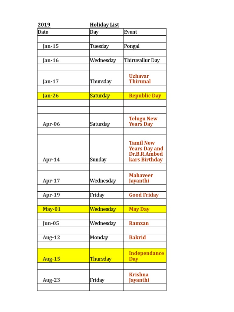 Store Hoilday List 2019 | PDF