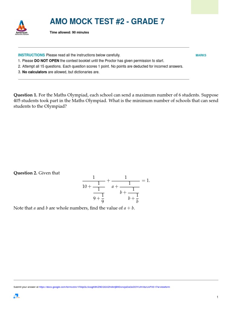 AMO Mock Test 2 Grade 7 | Download Free PDF | Teaching Mathematics
