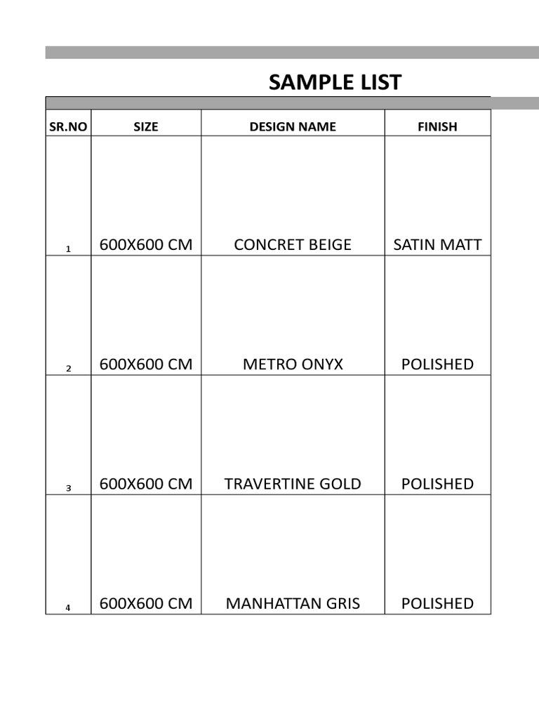Sample List: 600X600 CM Concret Beige Satin Matt | PDF