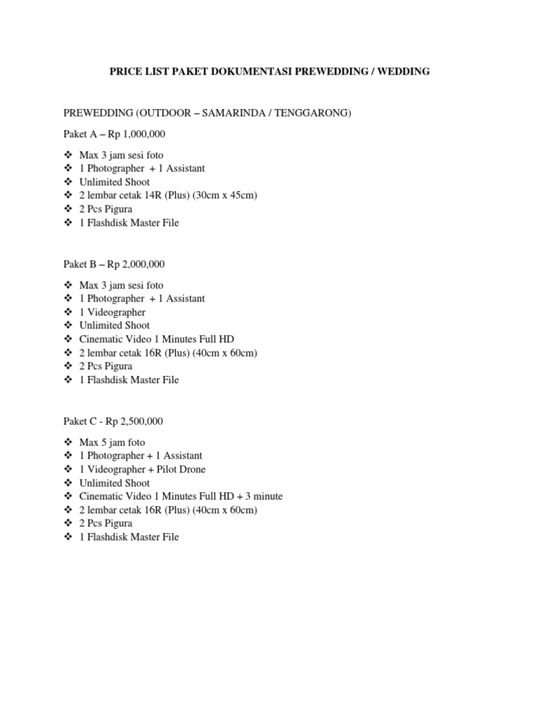 Price List Paket Dokumentasi Prewedding | PDF