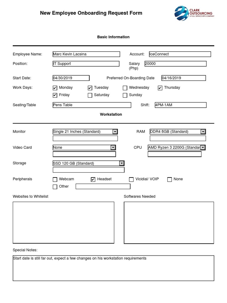 New Employee Onboarding Request Form: Basic Information | PDF ...