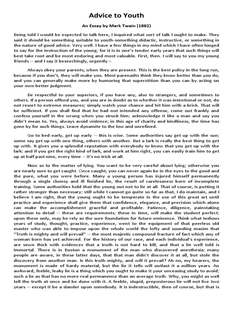 Advice To Youth: An Essay by Mark Twain (1882) | PDF