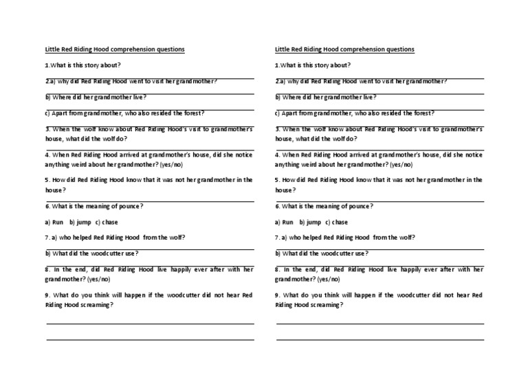 Little Red Riding Hood Comprehension Questions