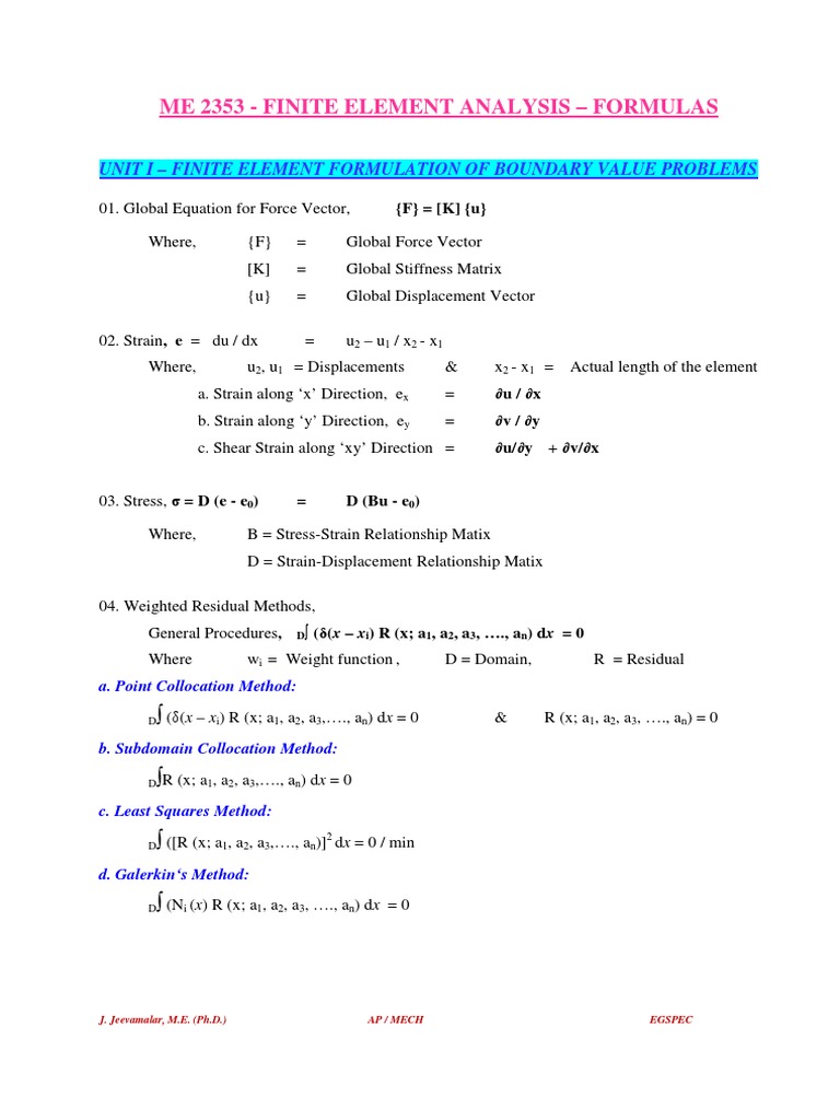 Formulas and Equations for Finite Element Analysis of One-Dimensional and Two-Dimensional ...