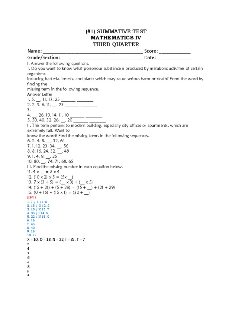 (#1) Summative Test Third Quarter Name: - Score: - Grade/Section ...