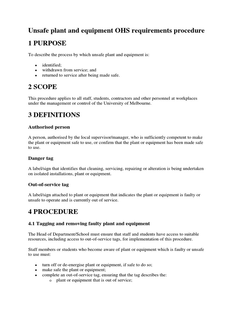 Unsafe Plant and Equipment OHS Requirements Procedure 1 Purpose | PDF ...