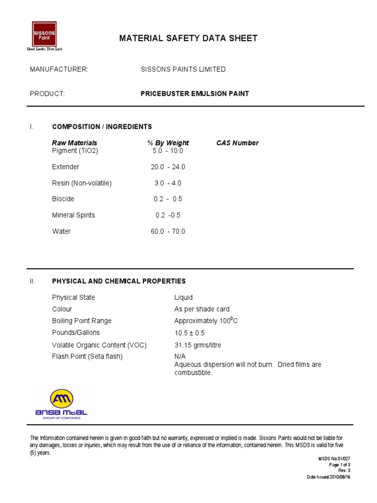 MSDS Pricebuster Emulsion Paint PDF | PDF | Paint | Water