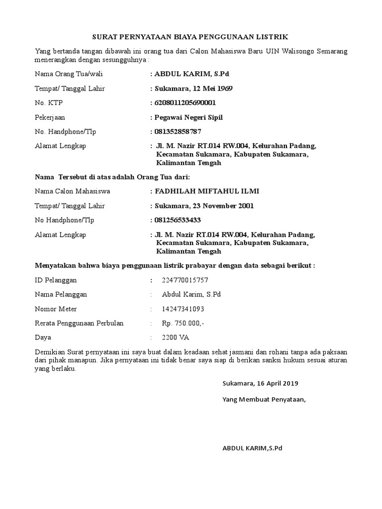 SURAT KETERANGAN Listrik | PDF