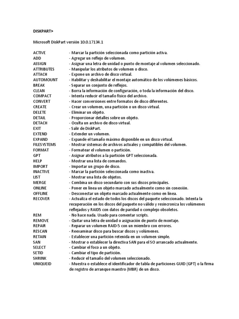 Diskpart DOS Commands | PDF | Archivo de computadora | Software utilitario