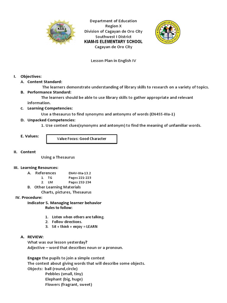 Lesson Plan in English (ANTONYMS) | PDF | Lesson Plan | Learning