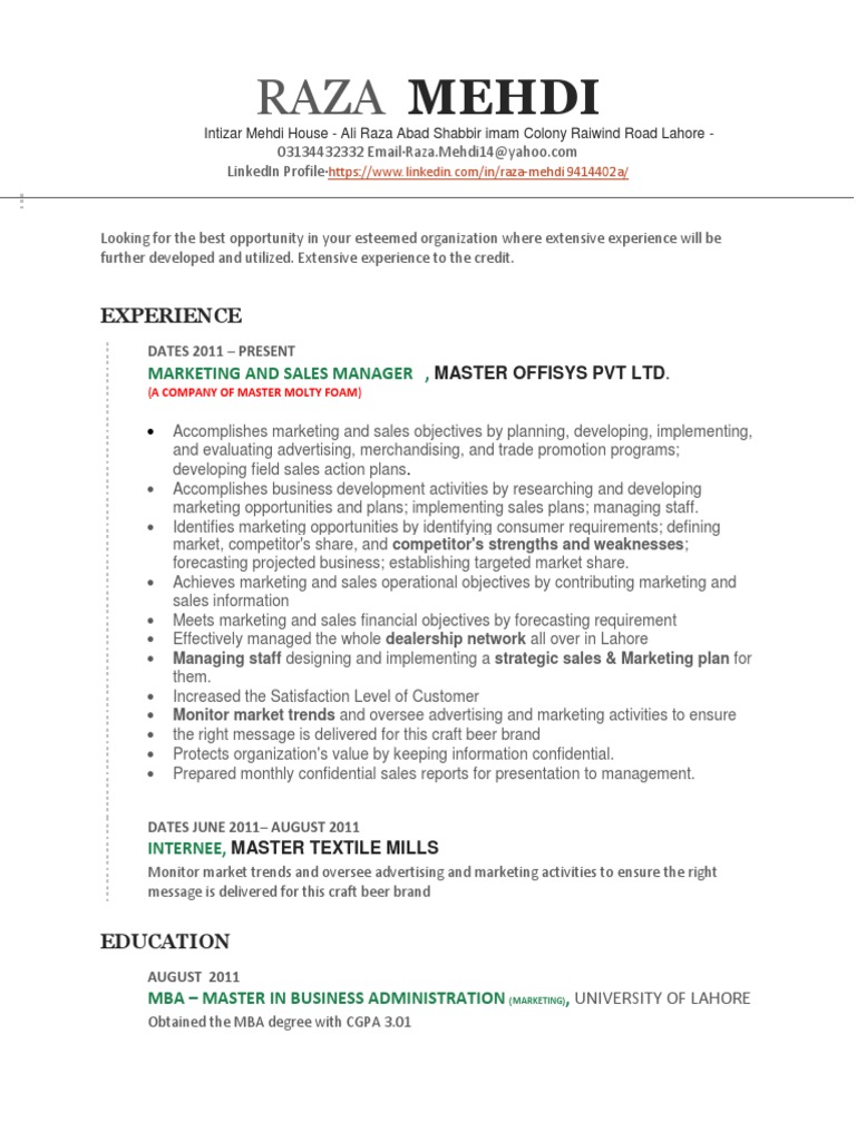 Resume - Raza Mehdi | PDF | Sales | Marketing