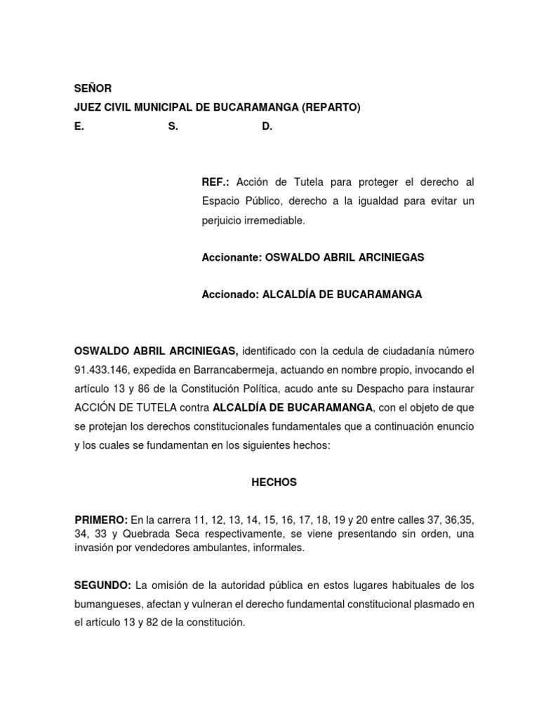 Modelo de Solicitud de Tutela | Descargar gratis PDF | Caso de ley | Derecho Constitucional