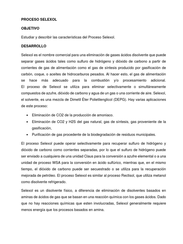 Proceso Selexol: Eliminación de Gases Ácidos | PDF | Dióxido de carbono ...