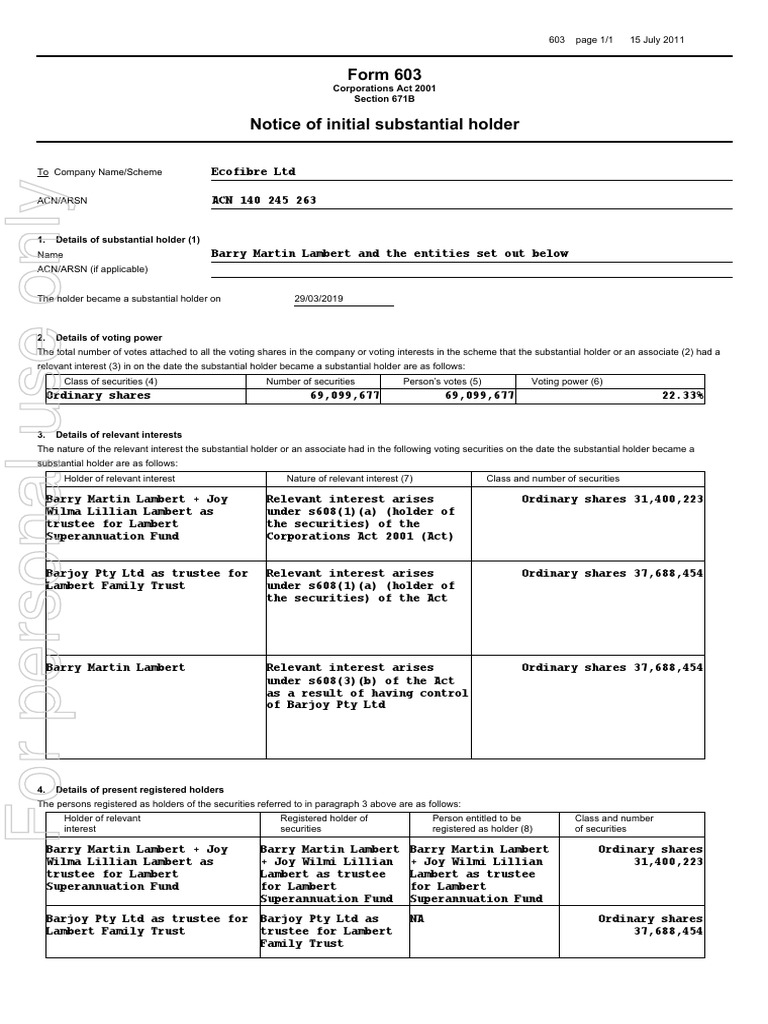 Form 603 Notice of Initial Substantial Holder: Corporations Act 2001 ...