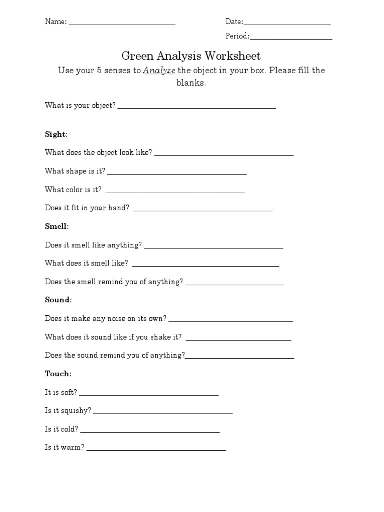 Green Analysis Worksheet: Use Your 5 Senses To Analyze The Object in ...