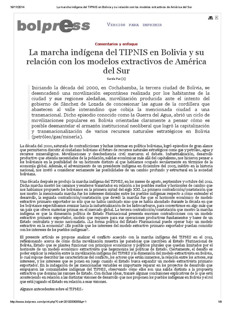 La Marcha Indígena Del TIPNIS en Bolivia y Su Relación Con Los Modelos ...