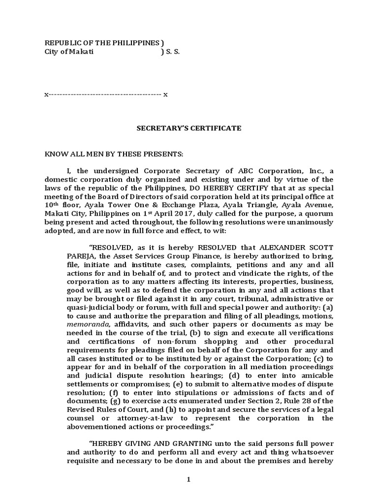Secretary's Certificate Sample | PDF | Pleading | Public Law