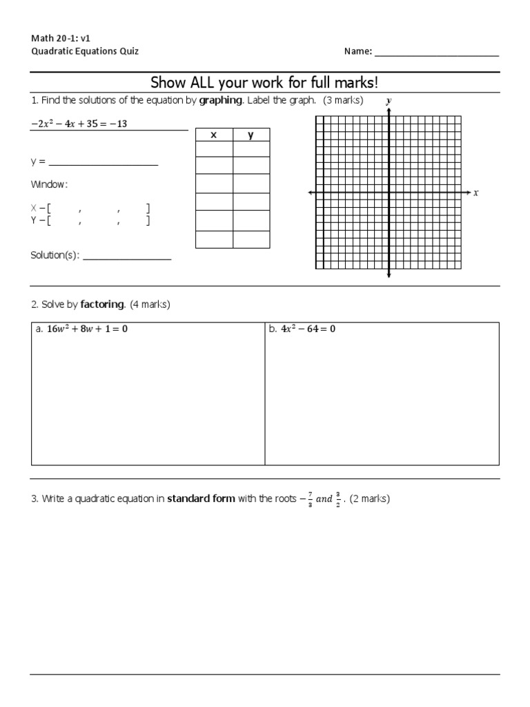 Quadratic Equations Quiz for Math 20-1 | PDF