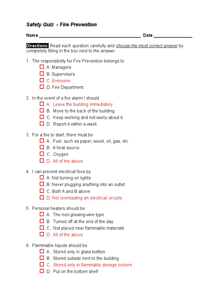 Safety Quiz - Fire Prevention Answer Key-1 | PDF | Science & Mathematics