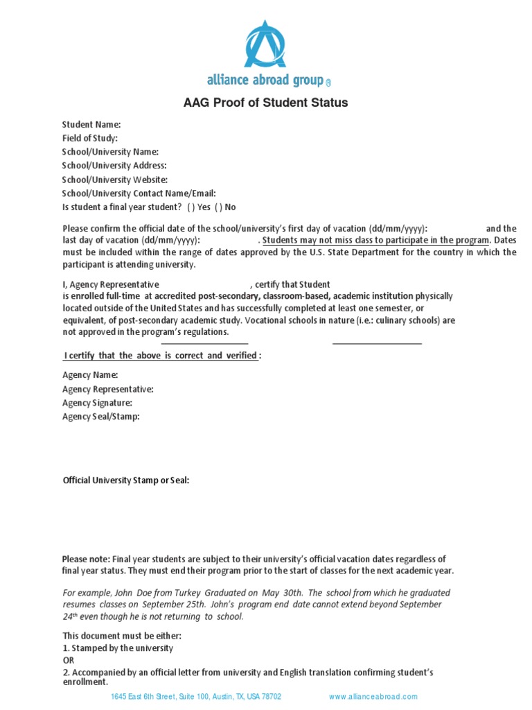 12 AAG WT Proof of Student Status | PDF