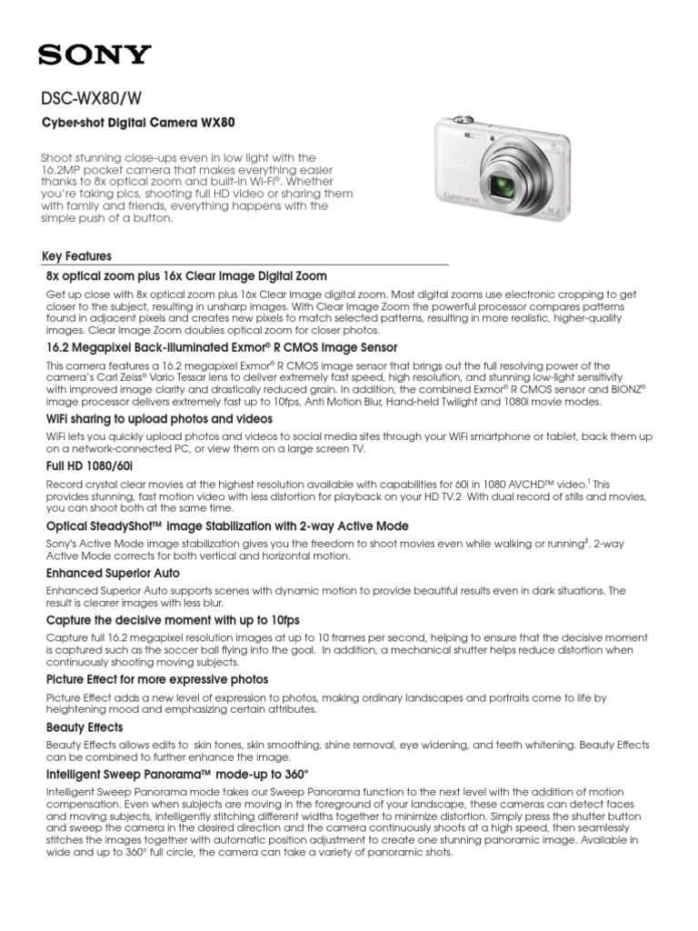 DSC-WX80/W: Cyber-Shot Digital Camera WX80 | PDF | Digital Camera | Camera
