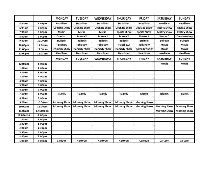 Weekly TV Schedule Overview | PDF | Language Arts & Discipline