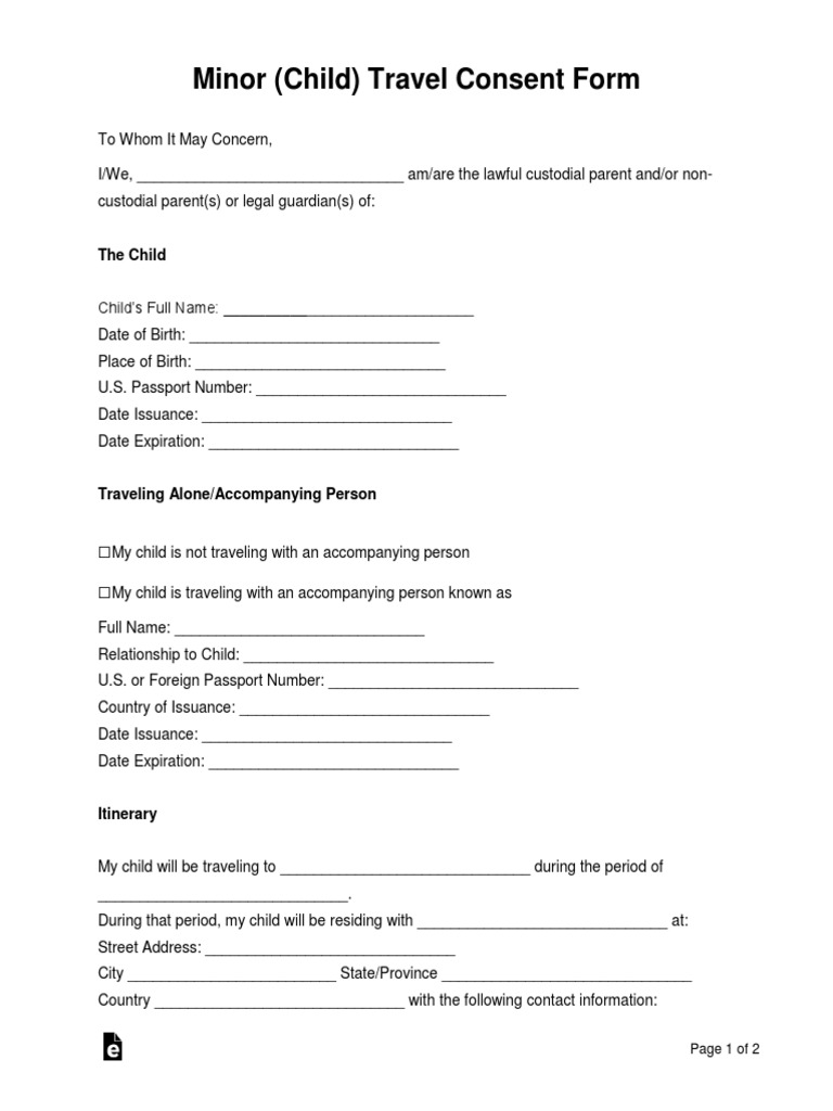 Minor Child Traveling Consent Form | PDF