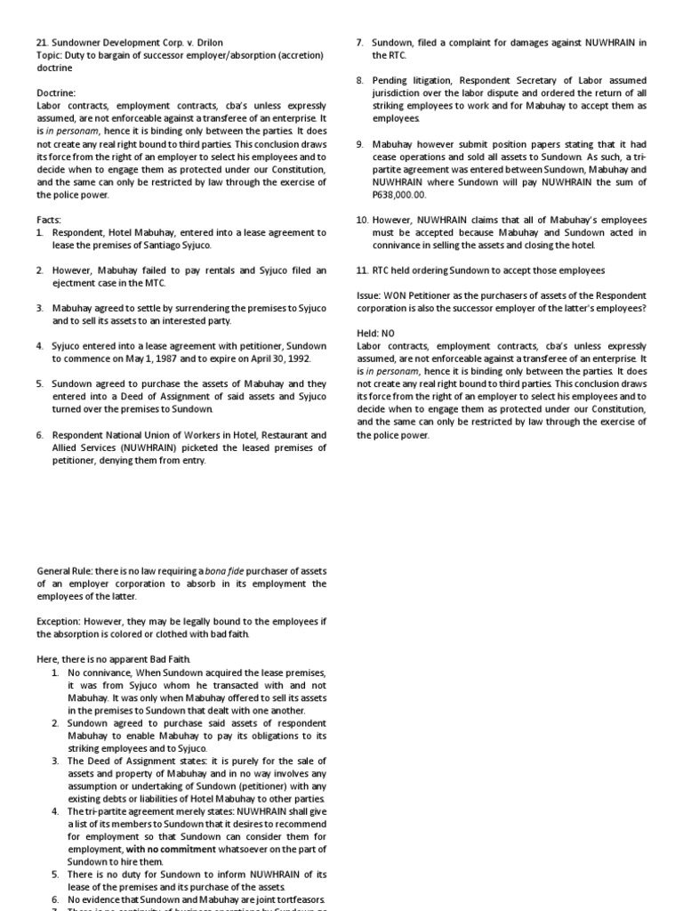 Sundowner Development Corp. v. Drilon | PDF | Collective Agreement | Lease