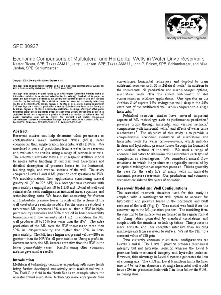 Economic Comparisons of Multilateral and Horizontal Wells in Water ...